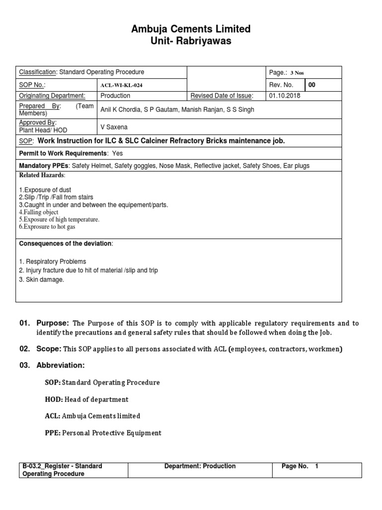 Ambuja Cements Limited Unit-Rabriyawas: Work Instruction For ILC & SLC ...