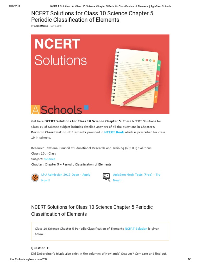 NCERT Solutions For Class 10 Science Chapter 5 Periodic Classification ...