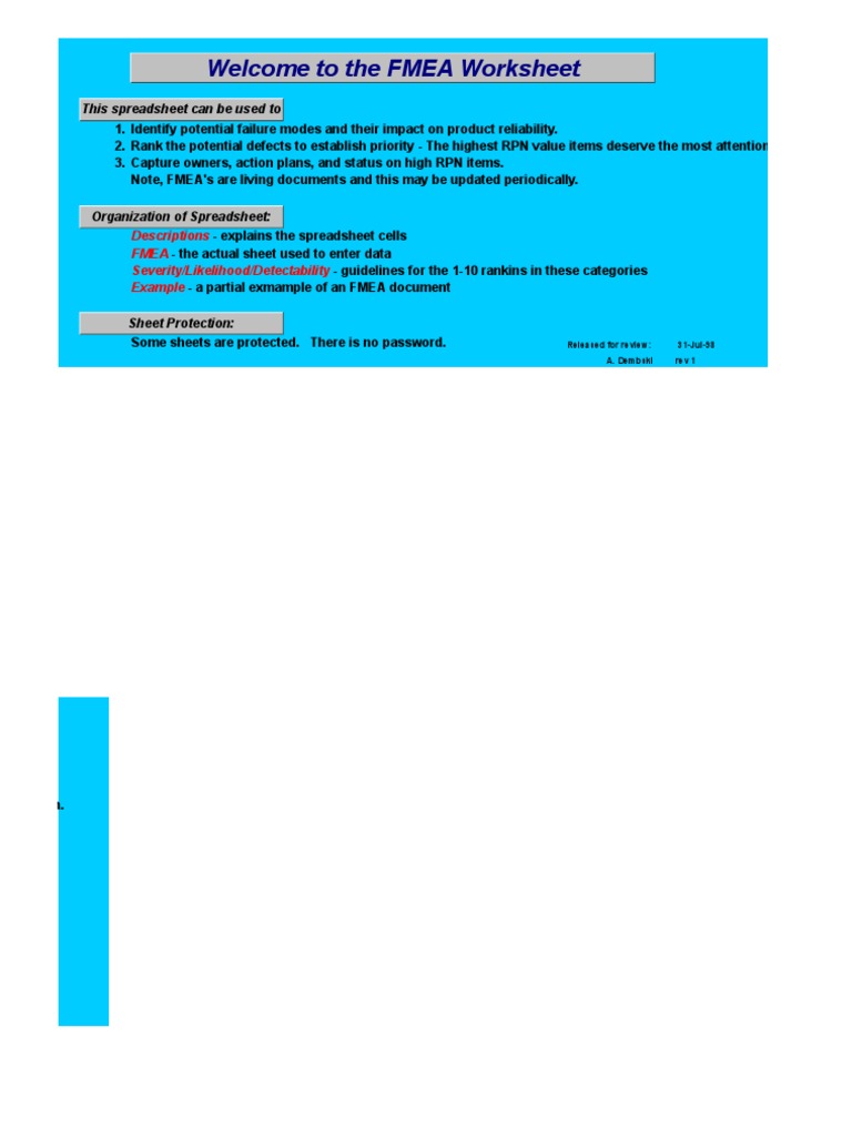 Welcome To The FMEA Worksheet: This Spreadsheet Can Be Used To | PDF ...