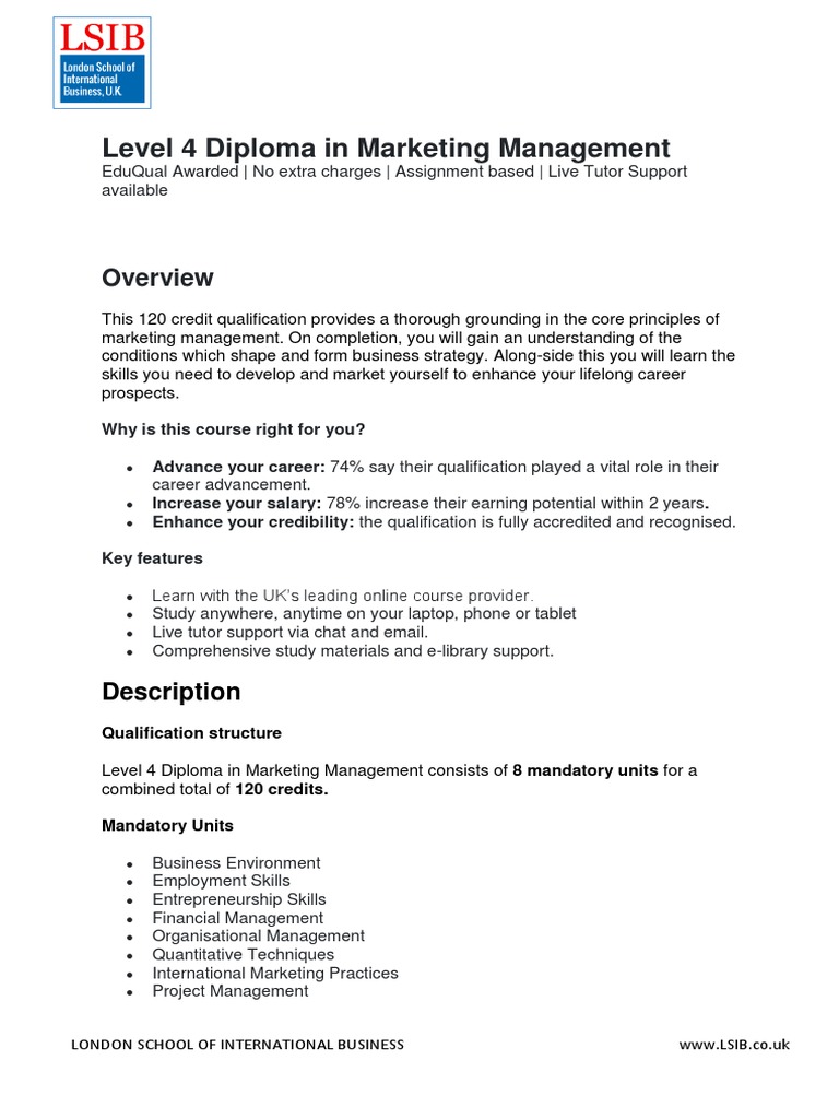 Level 4 Diploma in Marketing Management | PDF | Diploma | Distance ...