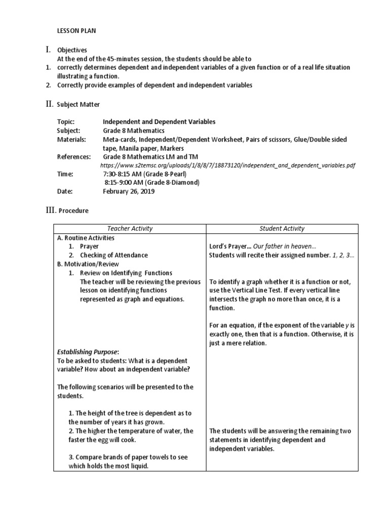 Lesson Plan Grade 8 | PDF | Variable (Mathematics) | Dependent And ...