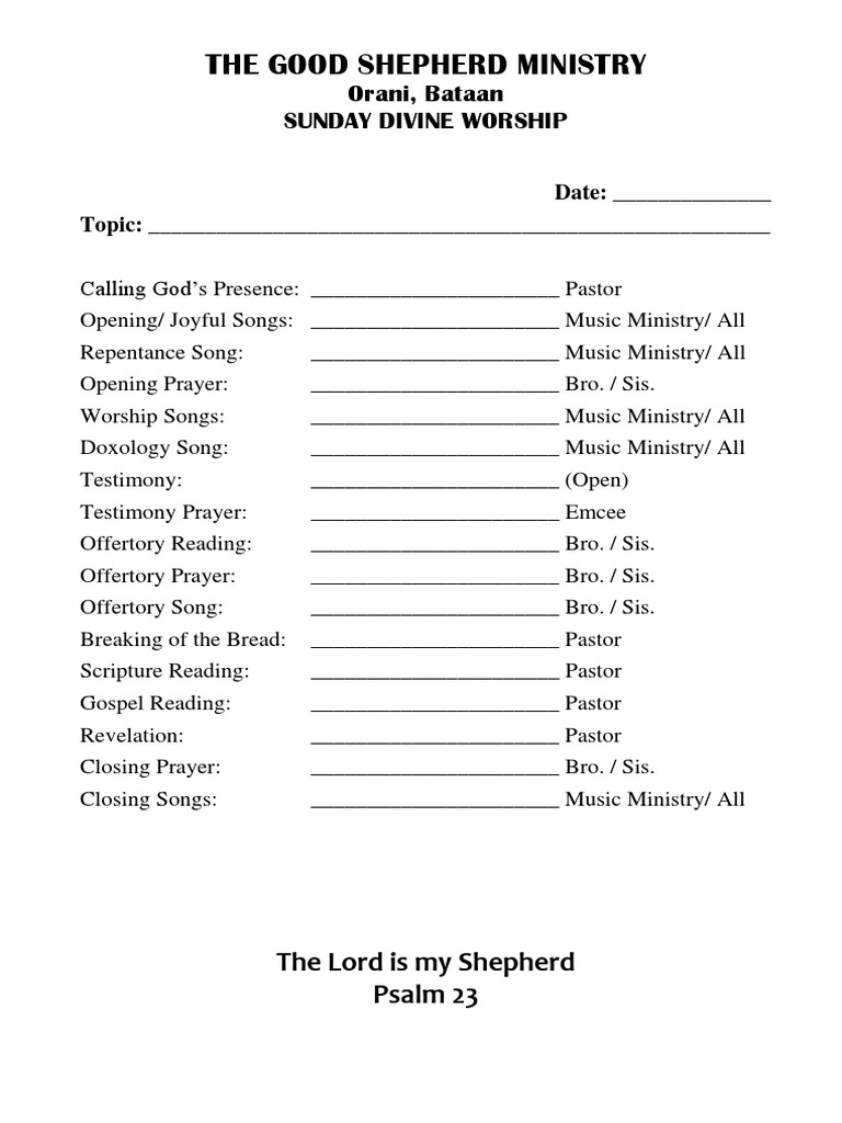 The Good Shepherd Ministry: Orani, Bataan Sunday Divine Worship | PDF