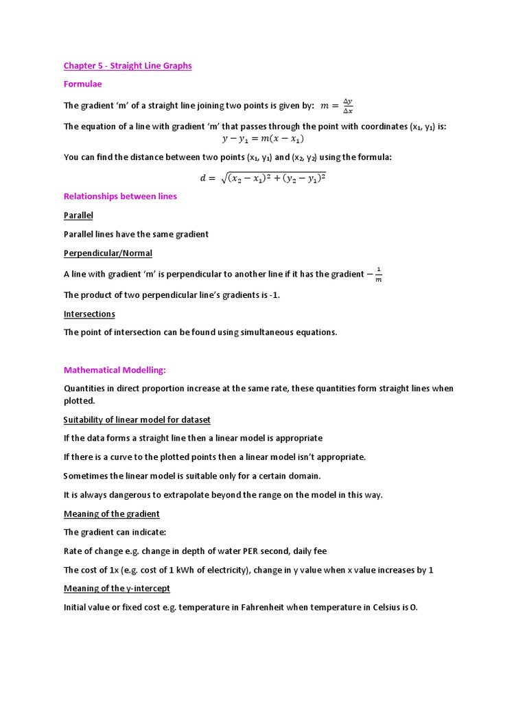 Chapter 5 - Straight Line Graphs Formulae | PDF | Line (Geometry ...