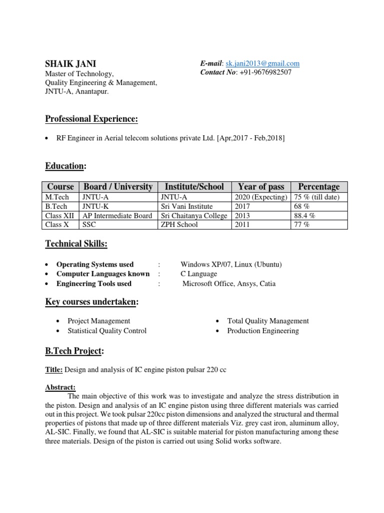 Shaik Jani: M.Tech Quality Engineer Resume | PDF