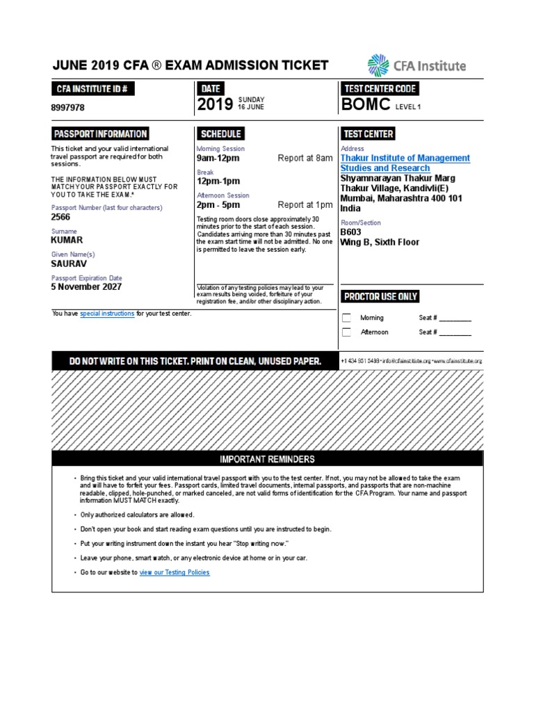 CFA Admit Card | PDF | Passport | Identity Document