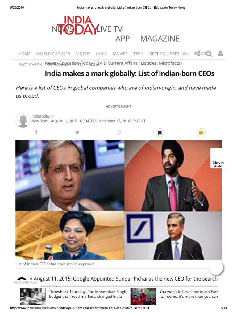 India Makes A Mark Globally - List of Indian-Born CEOs - Education ...