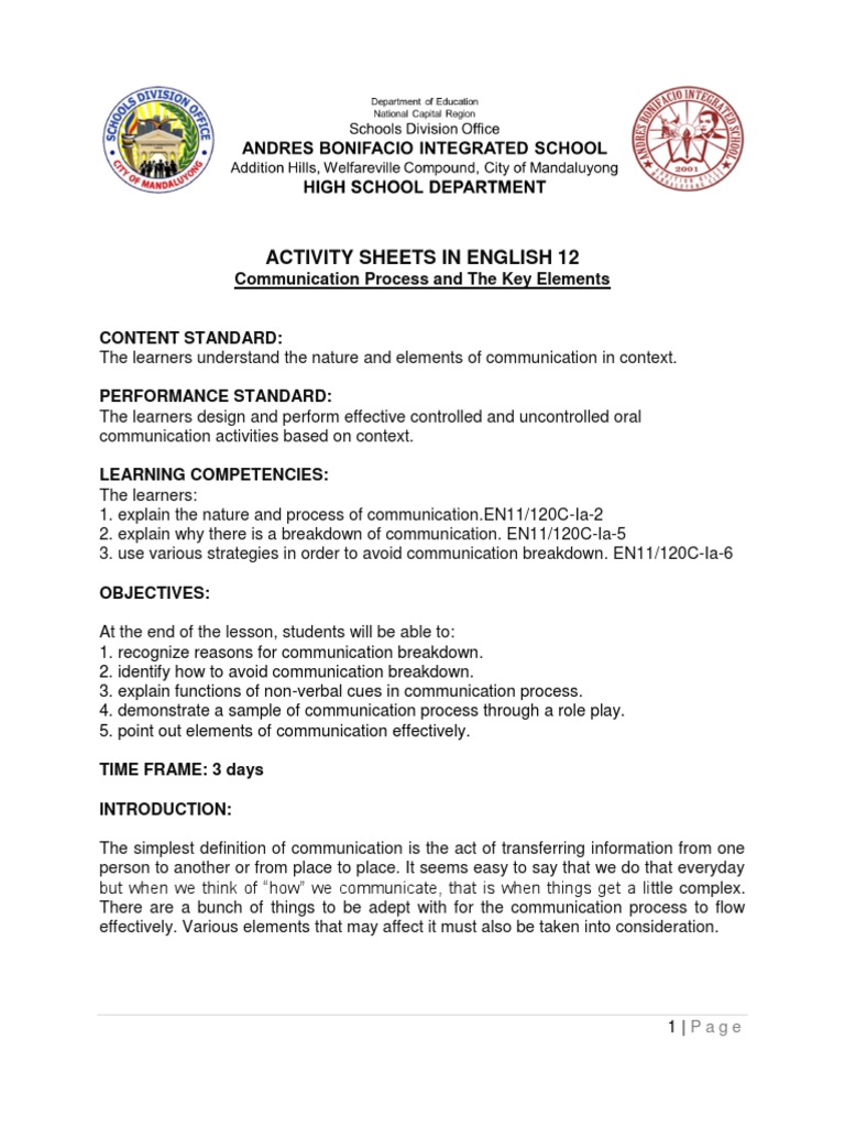 Activity Sheets in English 12: Communication Process and The Key ...