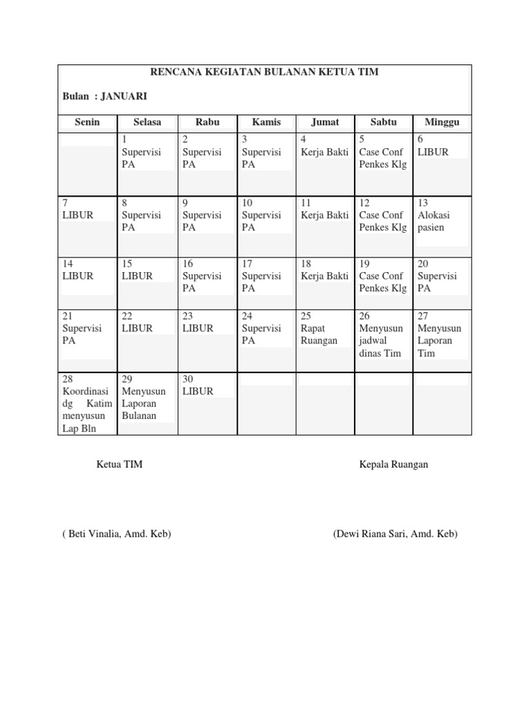 Rencana Kegiatan Bulanan Ketua Tim Nisa | PDF