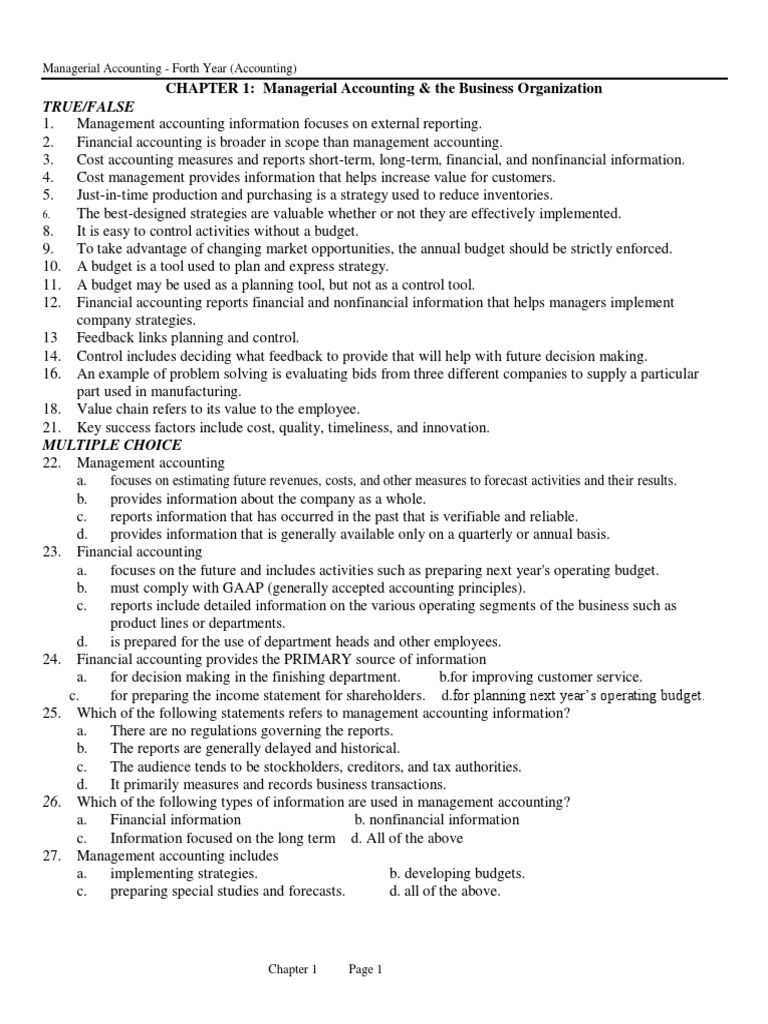 Managerial Accounting Chapter 1: Multiple Choice Questions on ...