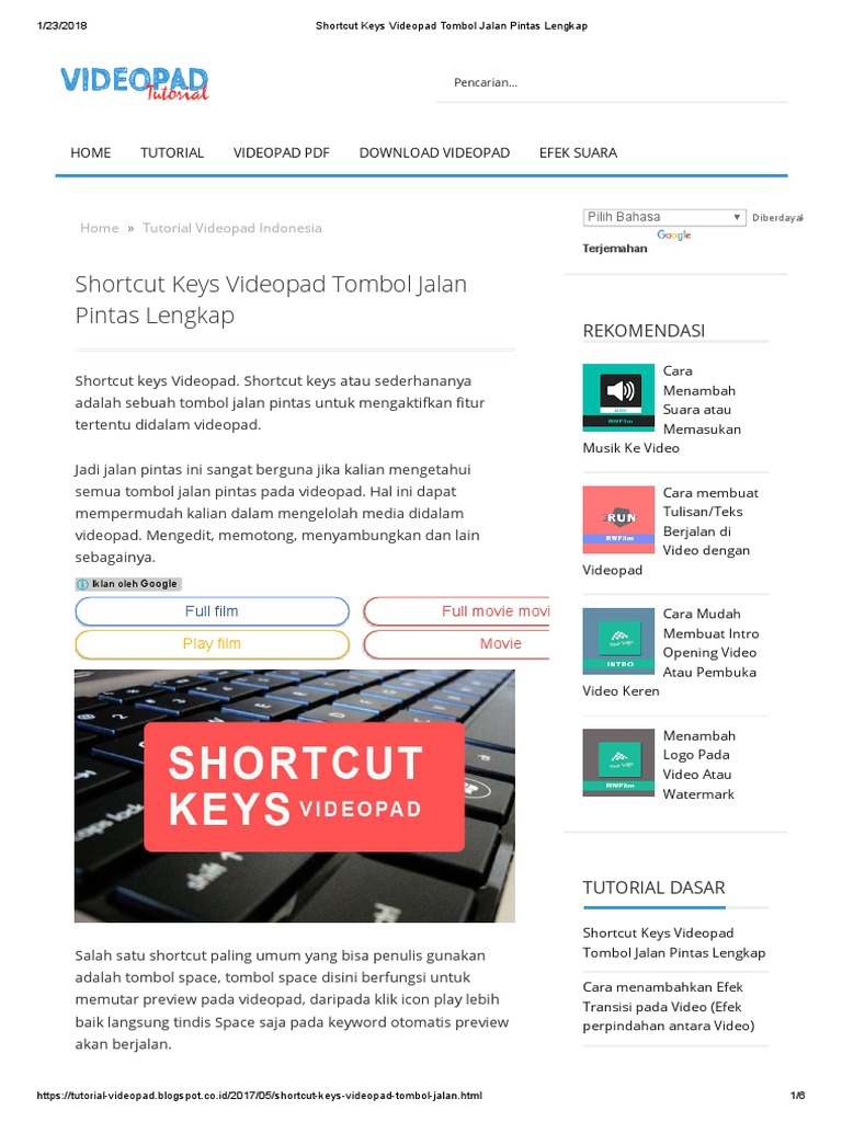 Shortcut Keys Videopad Tombol Jalan Pintas Lengkap 3 | PDF