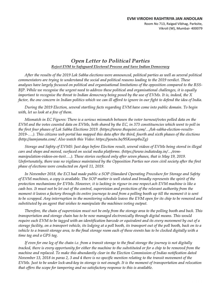 Letter to Political Leaders | Elections | Voting