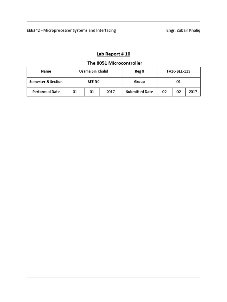 Lab Report # 10 The 8051 Microcontroller: EEE342 - Microprocessor Systems and Interfacing Engr ...