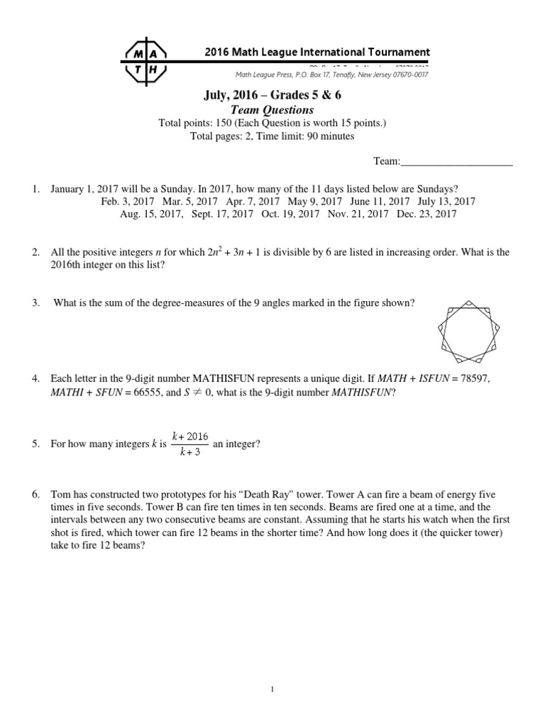 2016 Math League Team Questions | PDF | Teaching Mathematics