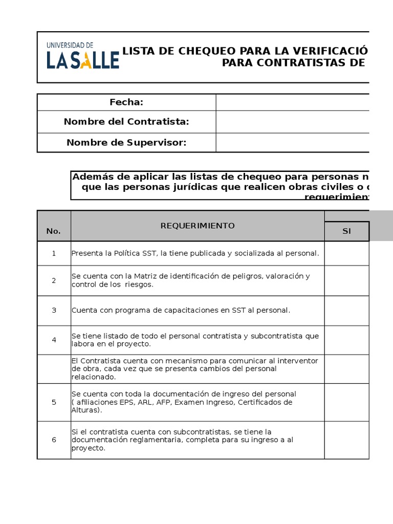 Check List Contratistas | Negocios