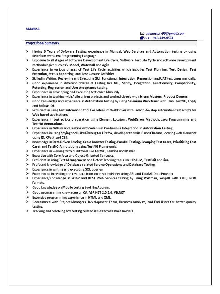 Manasa Resume | Download Free PDF | Selenium (Software) | Software Testing