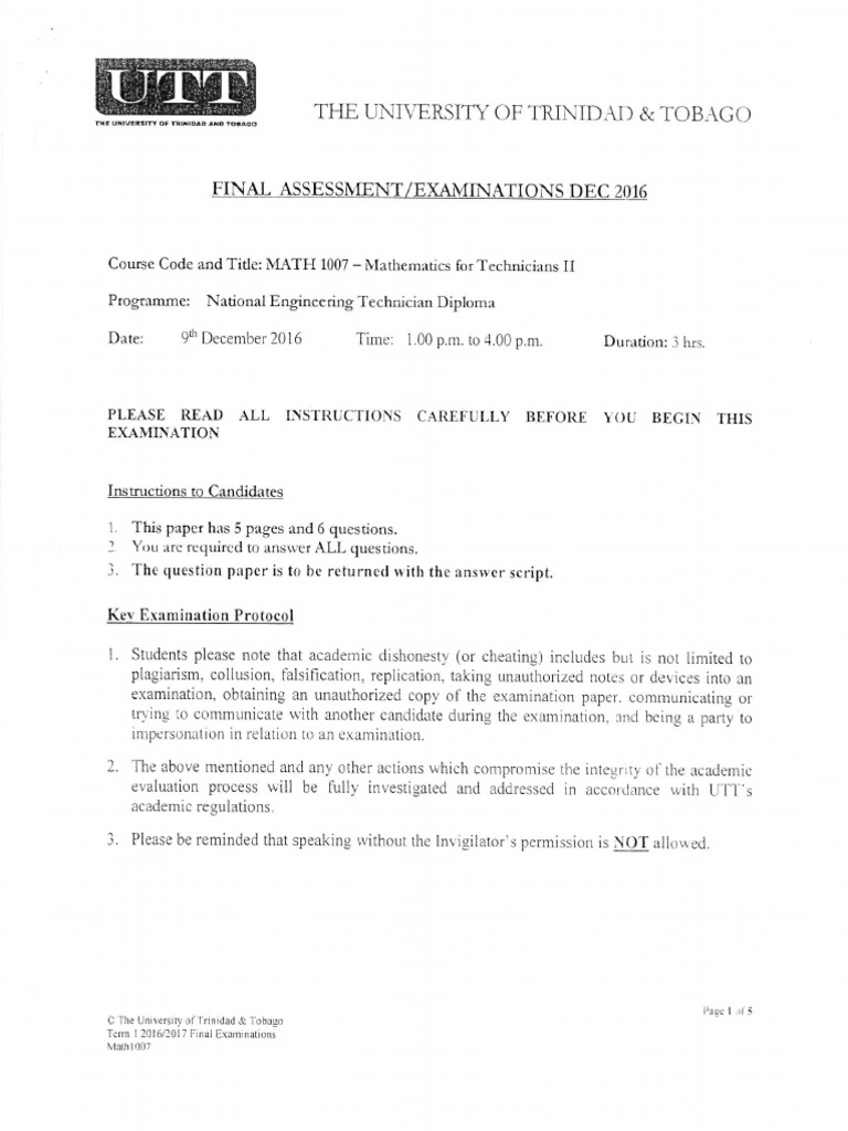 2016 - MATH1007 - Mathematics For Technicians II | PDF