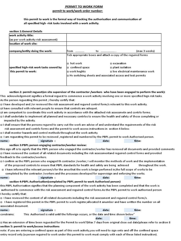 Permit Work Form | PDF | Risk Assessment | Occupational Safety And Health