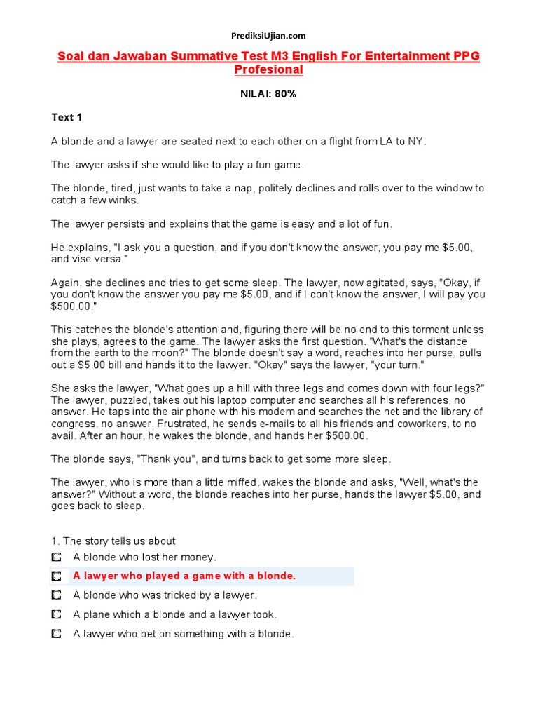 Soal Dan Jawaban Summative Test M3 English For Entertainment PPG ...