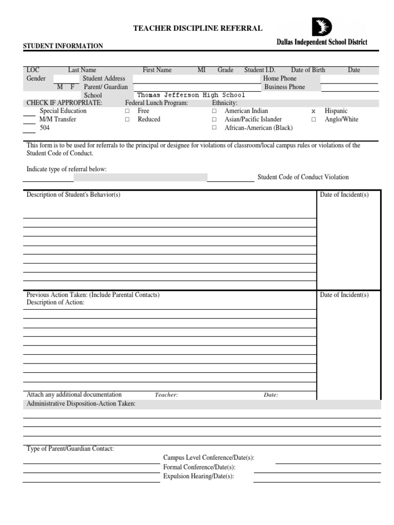 Blank Discipline Referral | PDF