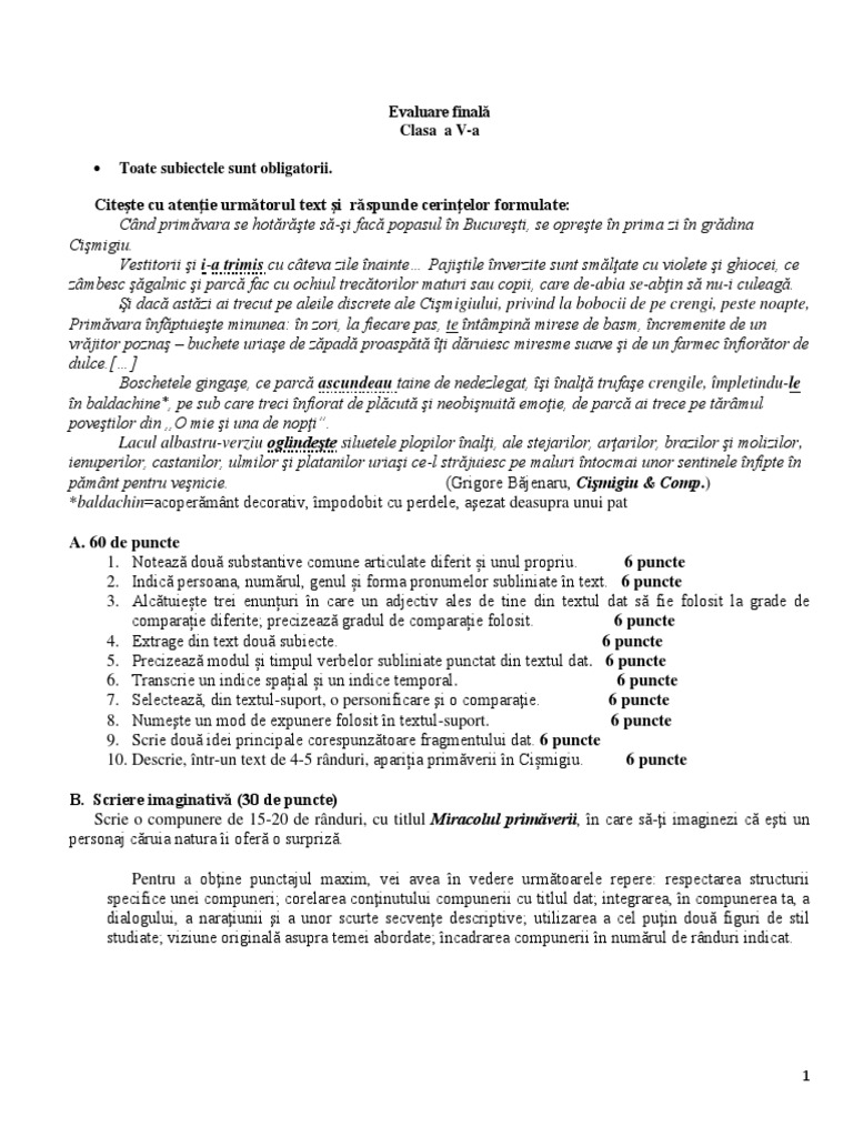 Evaluare Finala Clasa A V A | PDF