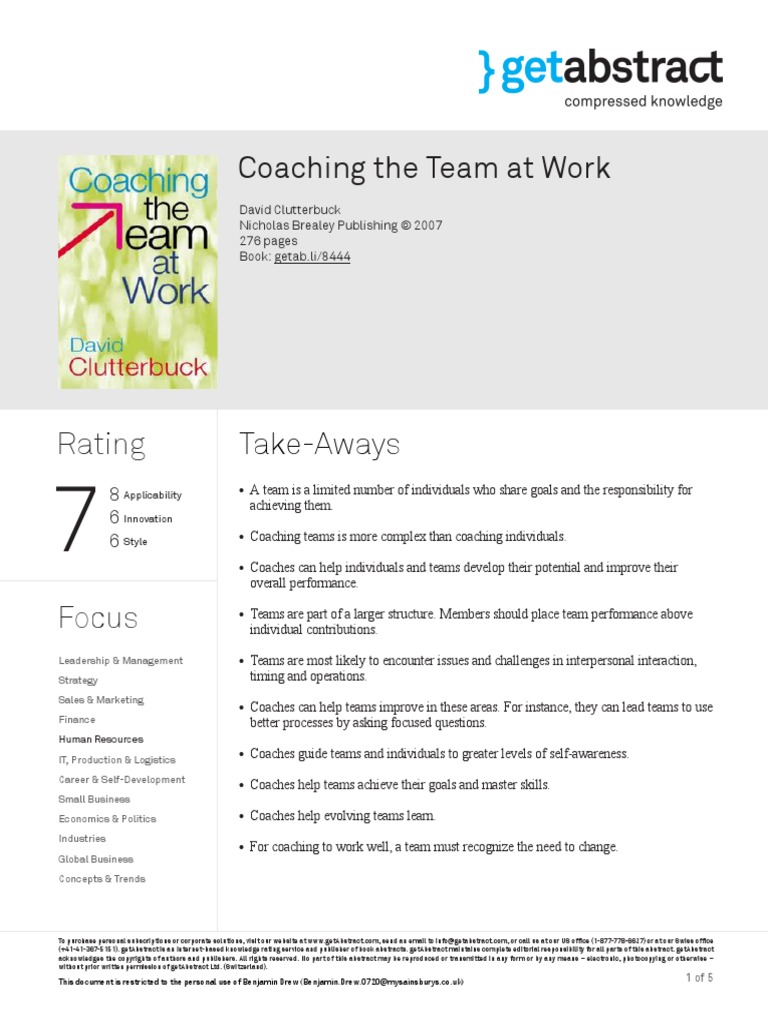 Coaching The Team at Work Clutterbuck en 8444 | PDF | Goal | Motivation