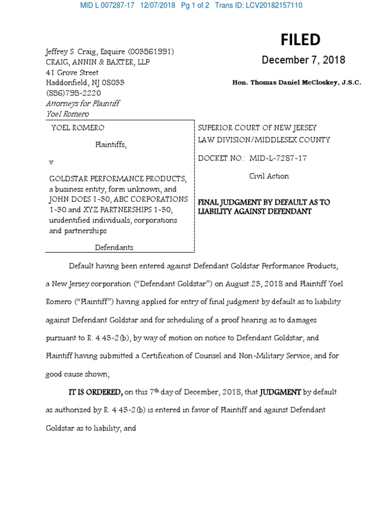 Final Default Judgment Against Goldstar | PDF | Default Judgment ...