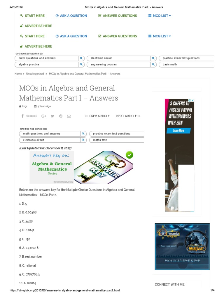 MCQs in Algebra and General Mathematics Part I - Answers | PDF ...
