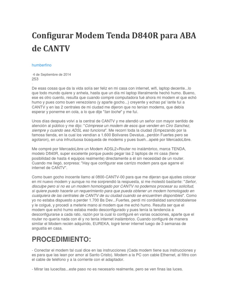 Configurar Modem Tenda D840R para ABA de CANTV | PDF | Módem | Internet