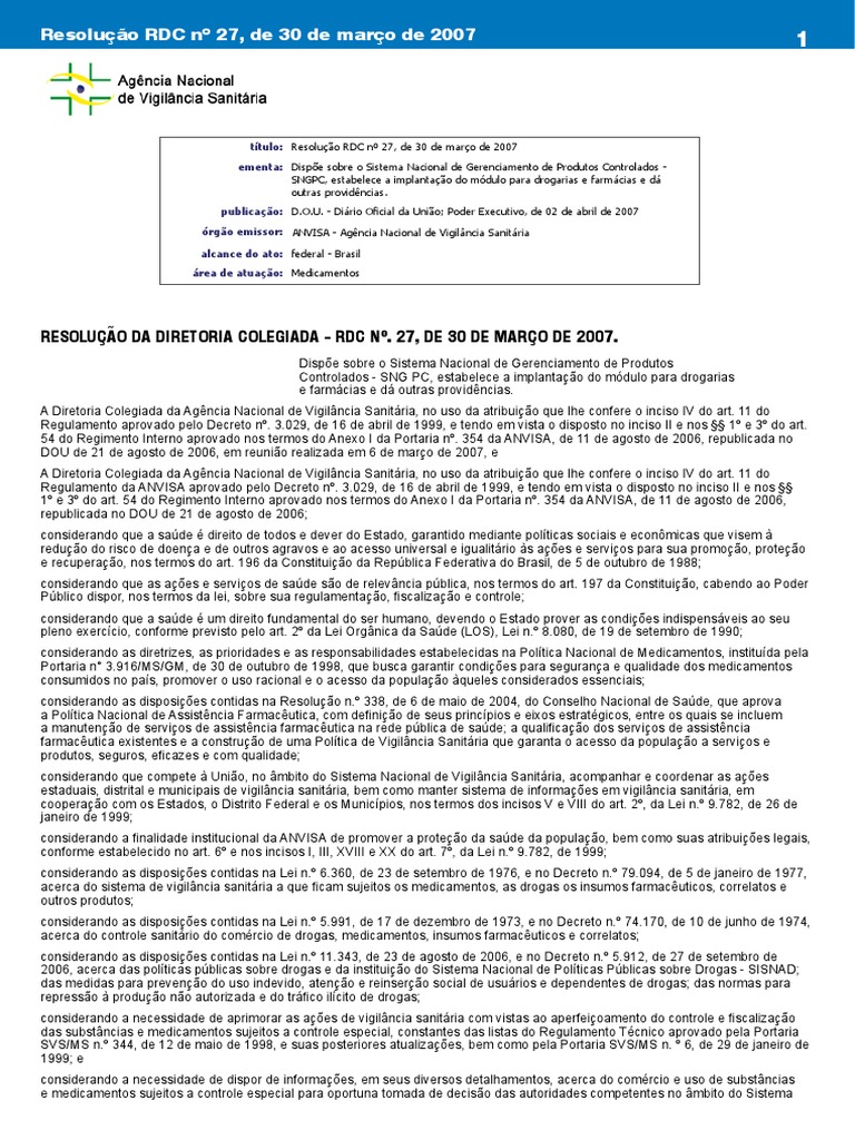 RDC 27 2007 | PDF | Farmacêutico | Estatuto