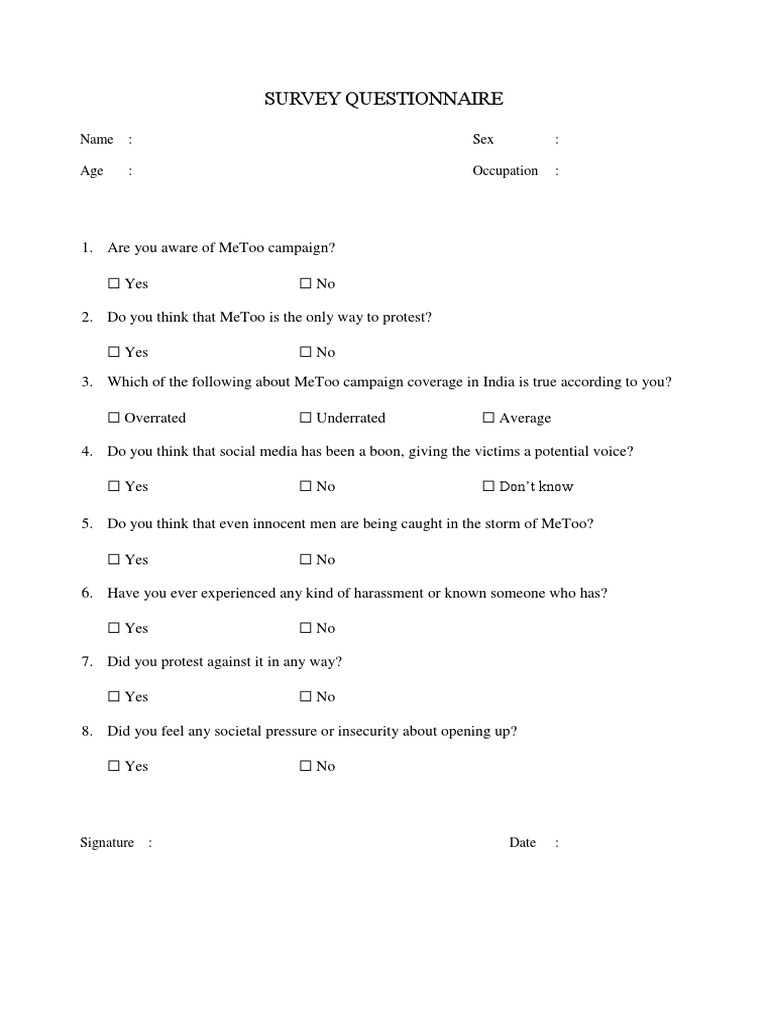 Survey Questionnaire: Name: Sex: Age: Occupation | PDF