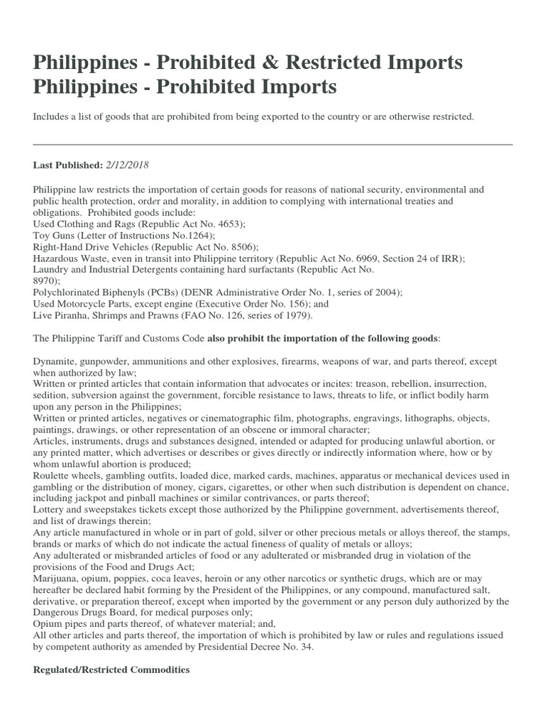 Philippines - Prohibited & Restricted Imports Philippines - Prohibited ...