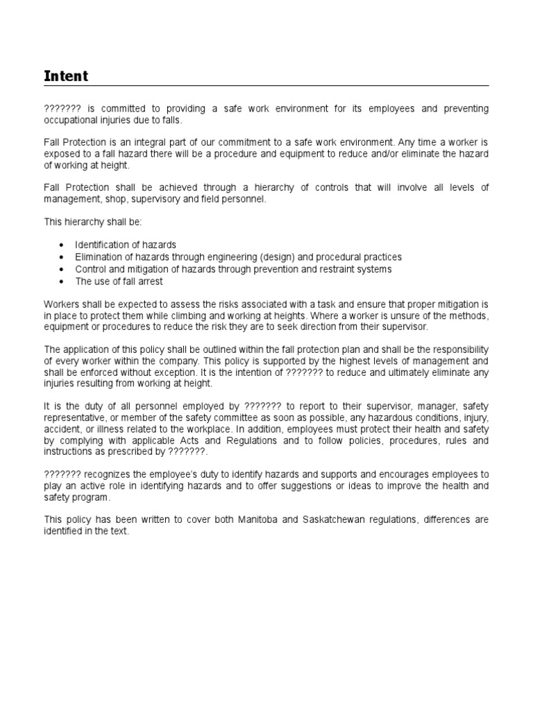 Fall Protection Procedure Policy Sample | PDF | Occupational Safety And ...