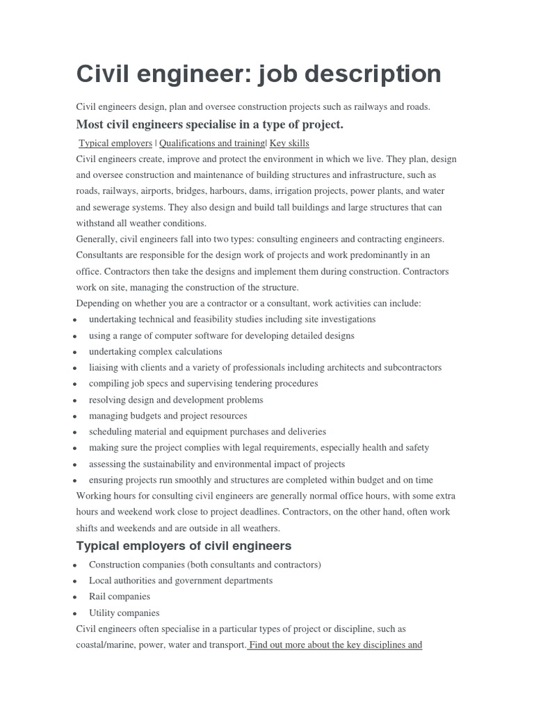 Civil Engineer: Job Description: Most Civil Engineers Specialise in A ...