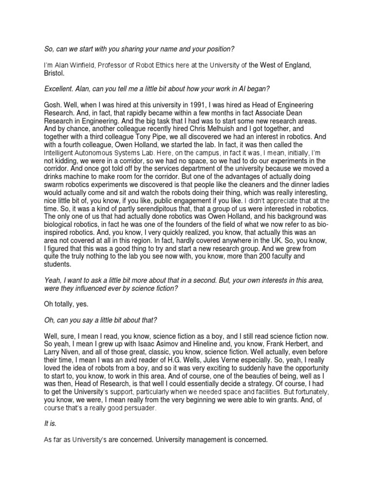 Alan Winfield - Interview Transcript | PDF | Artificial Intelligence ...