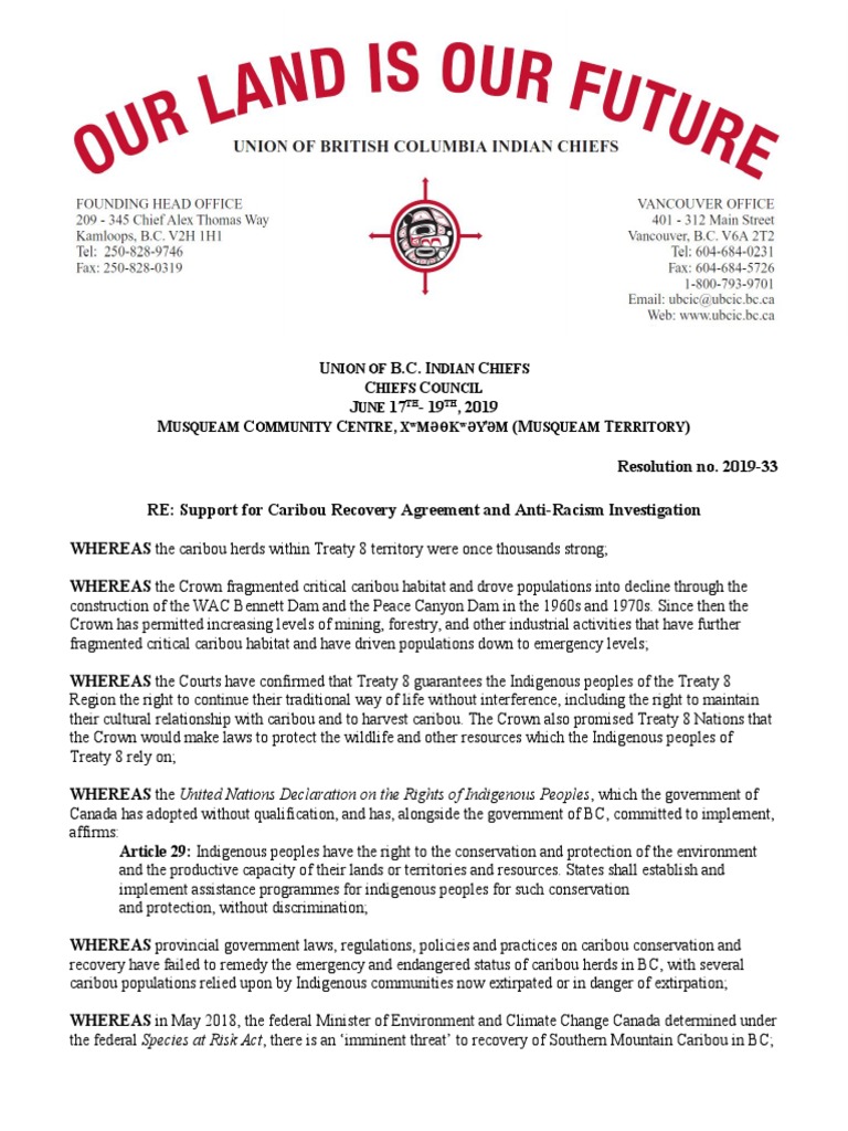 Union of British Columbia Indian Chiefs Resolution On Caribou Recovery ...