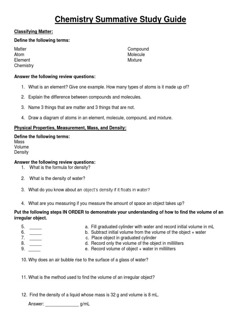 Chemistry Summative Study Guide | PDF | Solution | Solubility