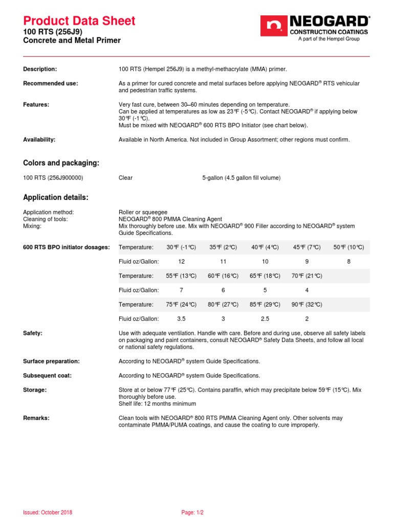 Product Data Sheet: 100 RTS (256J9) Concrete and Metal Primer | PDF ...