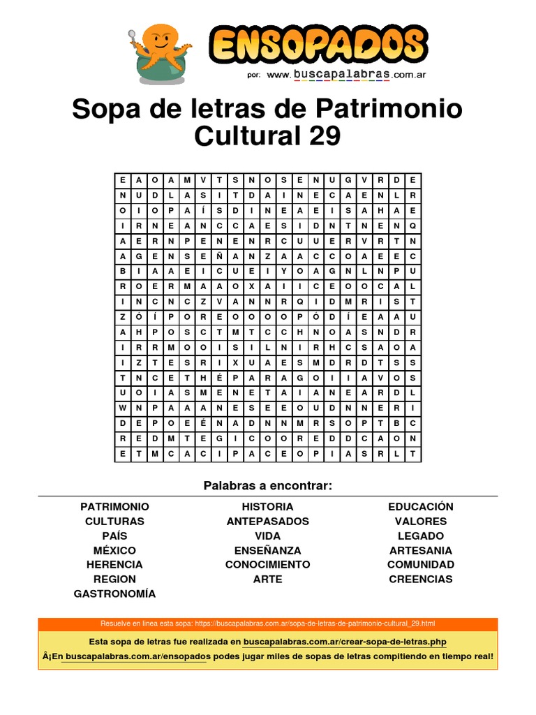 Sopa de Letras Patrimonio Cultural | Antropología cultural