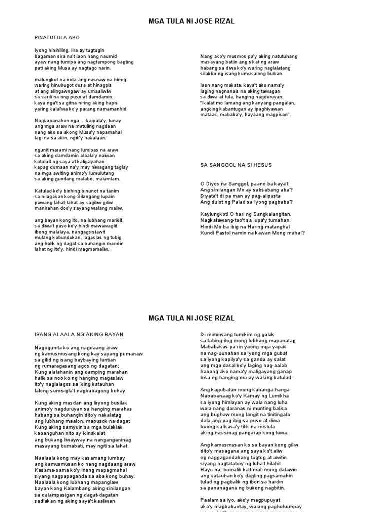 Mga Tula Ni Jose Rizal PDF | PDF