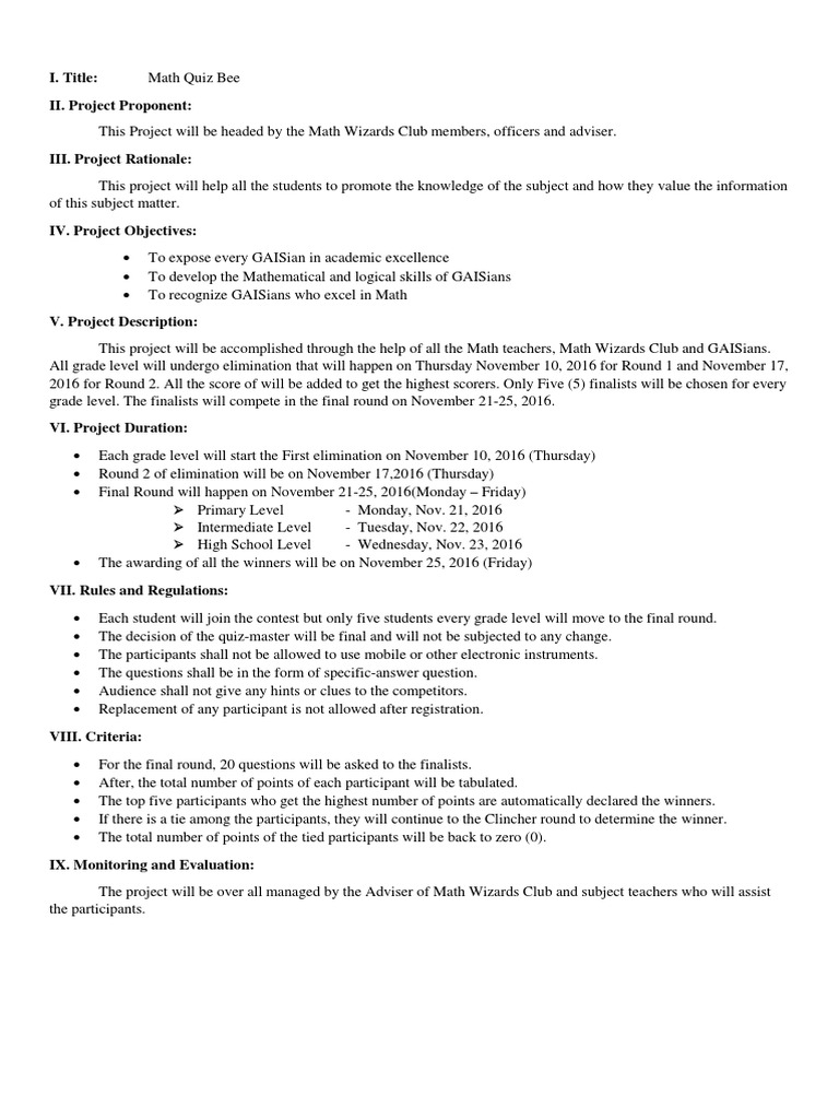 Math Quiz Bee Proposal | PDF | Teaching Mathematics | Learning