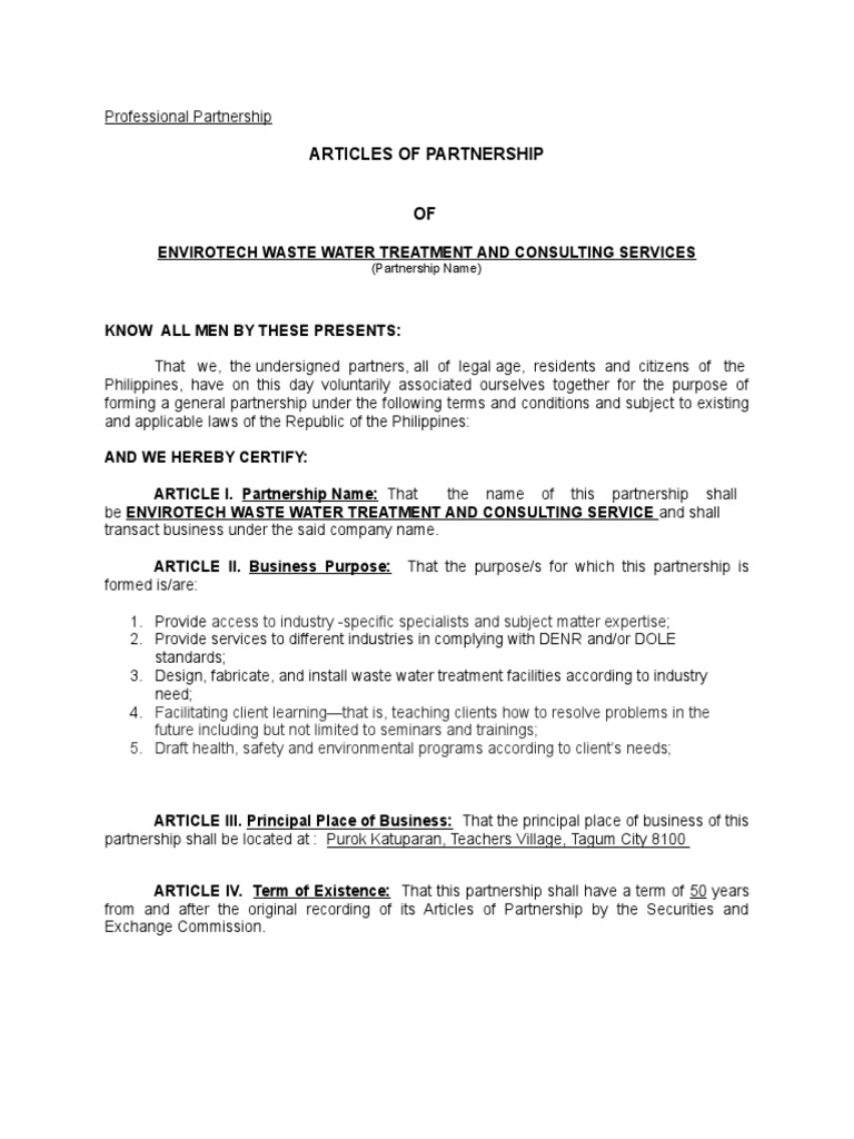 Articlies of Professional Partnership Template | PDF | Business ...