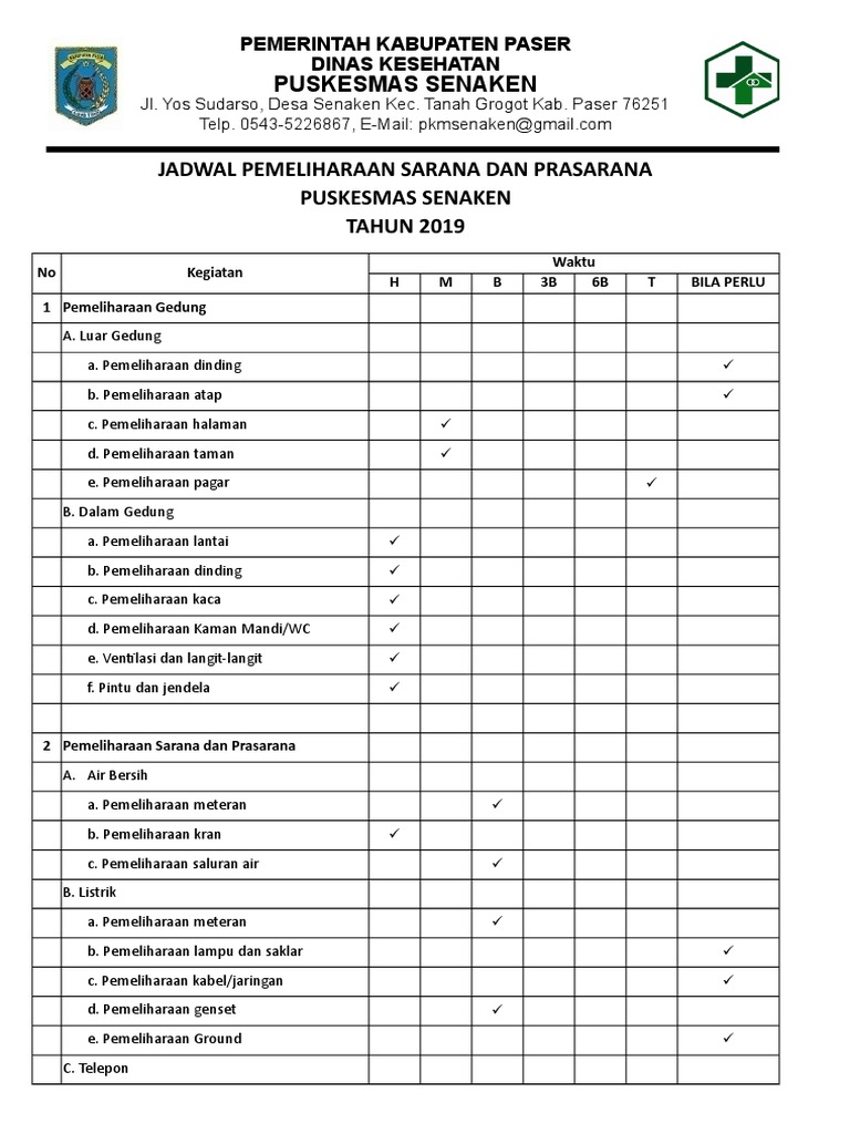 Jadwal Pemeliharaan Sarana Dan Prasarana Puskesmas | PDF