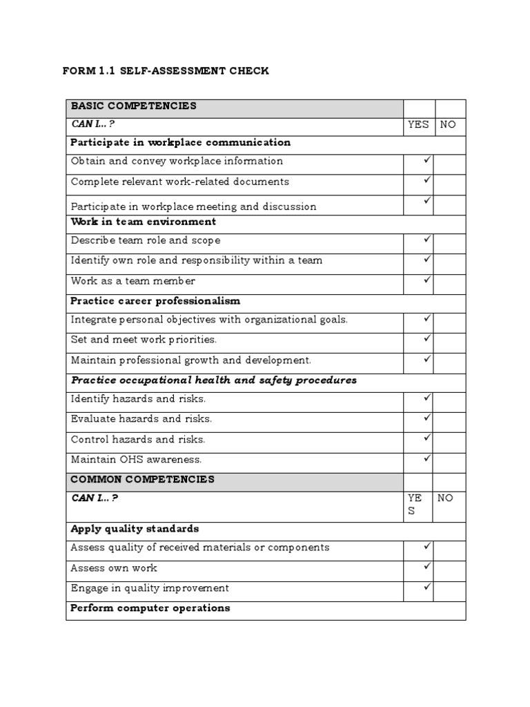 Form 1.1 Self-Assessment Check Basic Competencies Participate in Workplace Communication | PDF ...