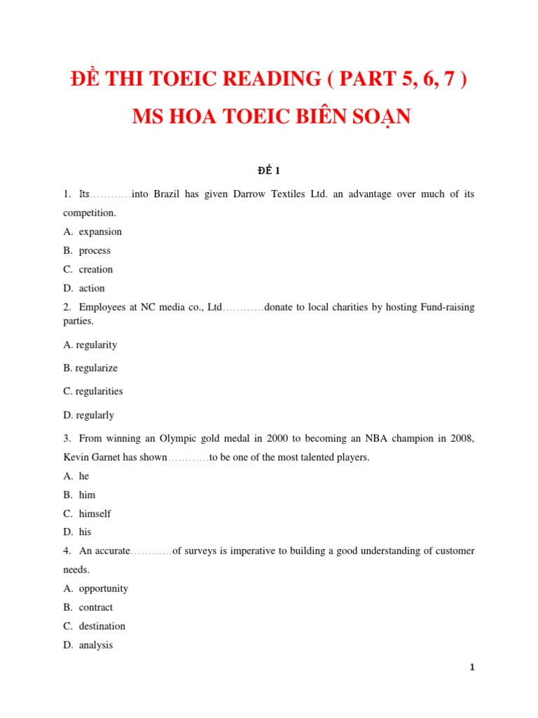 ĐỀ TOEIC READING - TỪ MS HOA TOEIC.docx | PDF | Paycheck | Credit Card