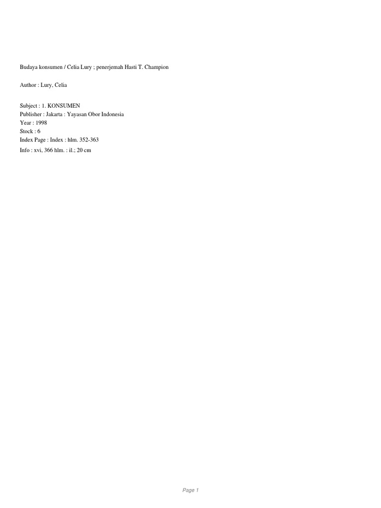 Budaya Konsumen / Celia Lury Penerjemah Hasti T. Champion | PDF