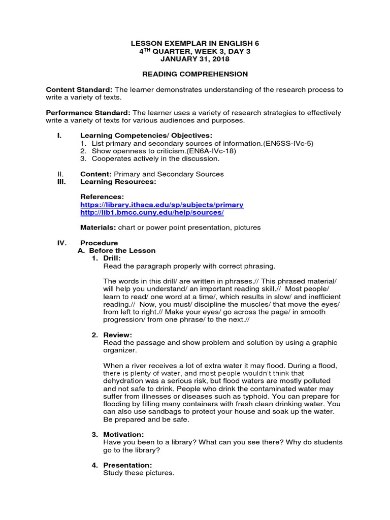 Lesson Exemplar in English 6 | PDF | Primary Sources | Communication