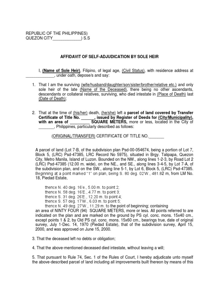 Affidavit of Self-Adjudication by Sole Heir | PDF | Civil Law (Common ...