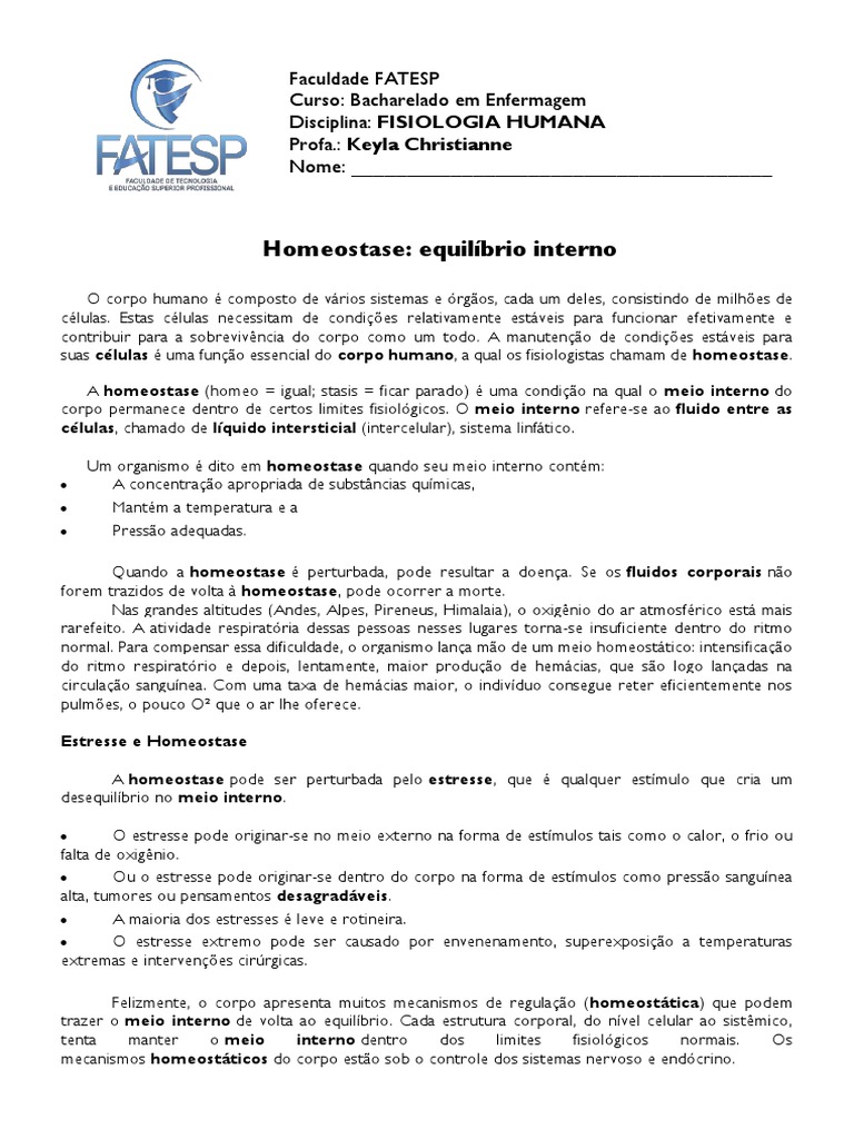 Aula 3 - Texto Homeostase | PDF | Homeostase | Sangue