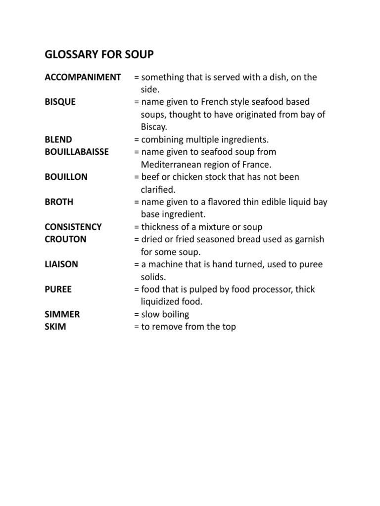 Soup Terminology Glossary | PDF | Cooking, Food & Wine