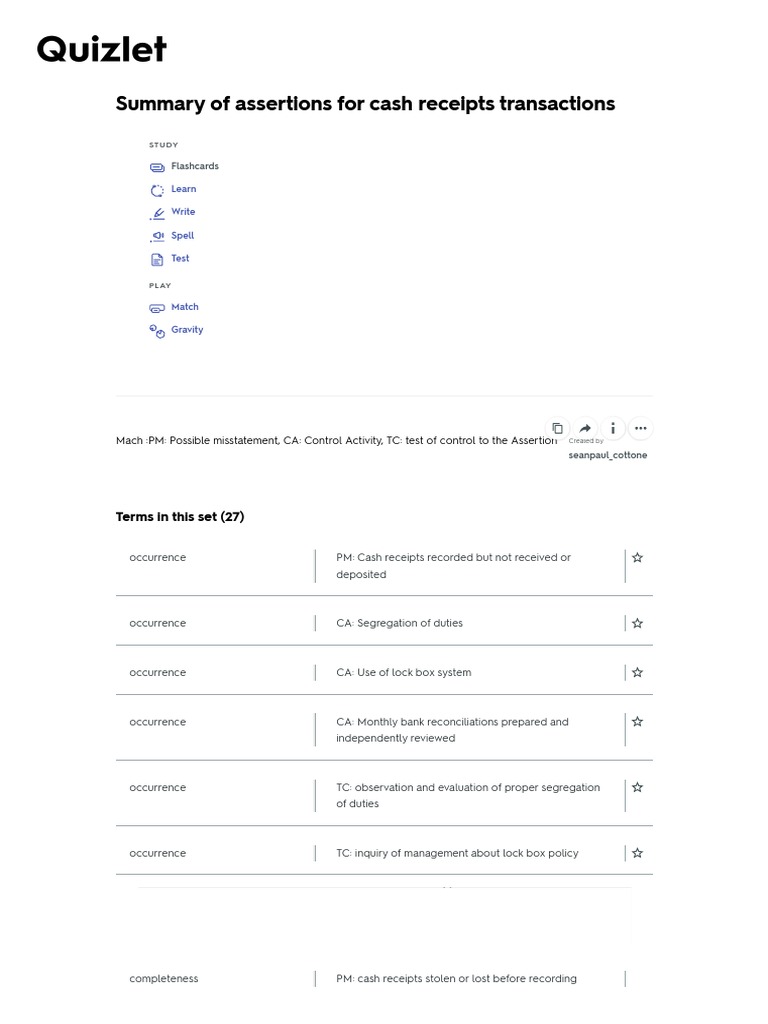 Summary of Assertions For Cash Receipts Transactions Flashcards ...